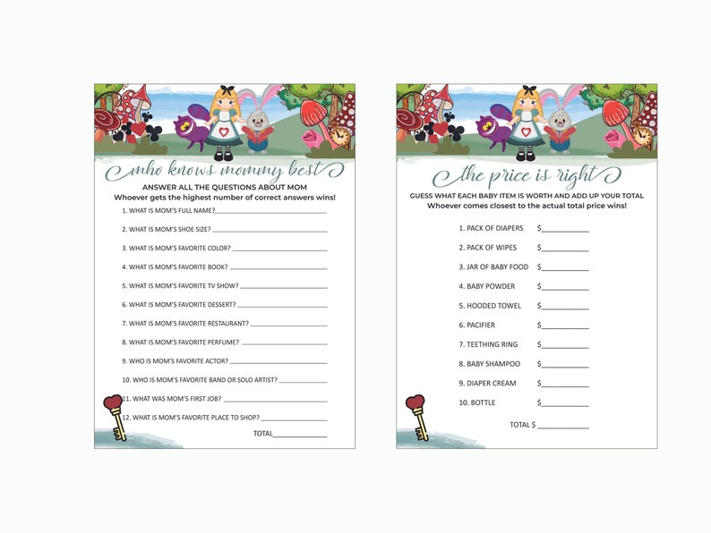 Printable Baby Shower Games, Alice in Wonderland, Baby Shower Game ...