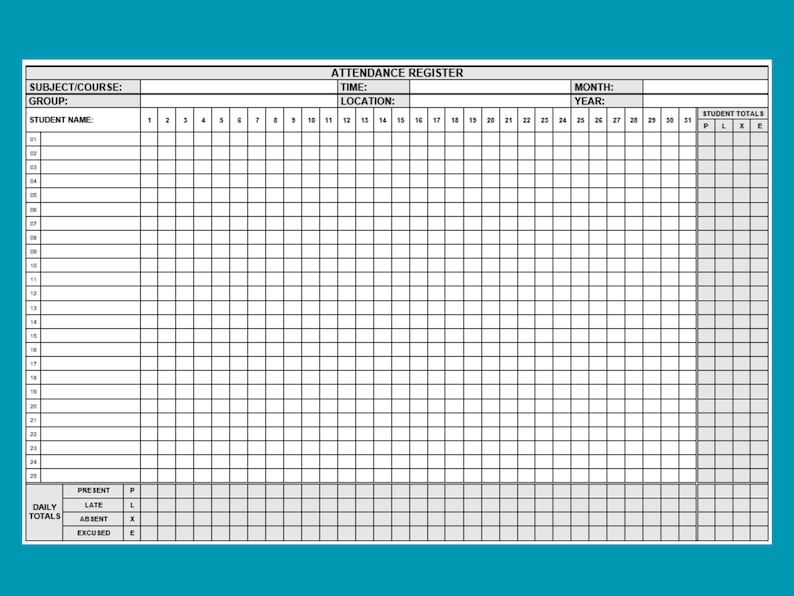 Editable Monthly Attendance Record | Register| Class Attendance ...