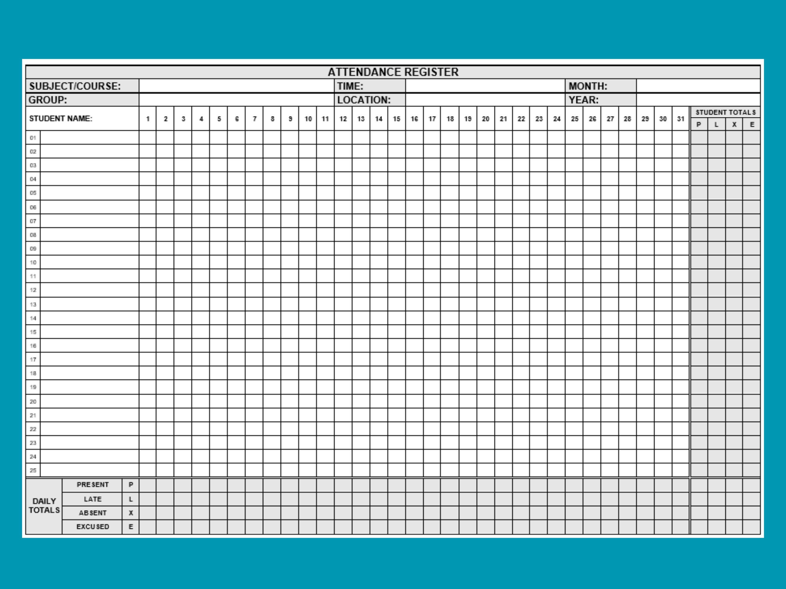 Editable Monthly Attendance Record | Register| Class Attendance ...