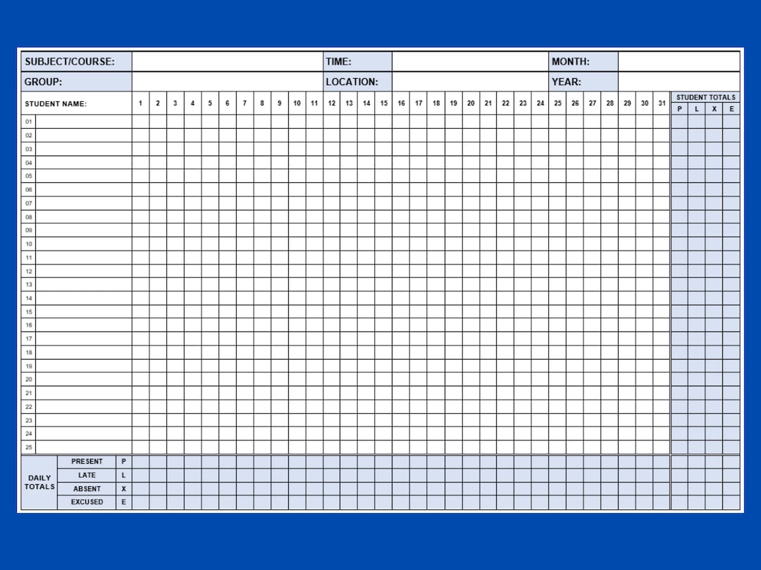 Editable Monthly Attendance Record | Register| Class Attendance ...