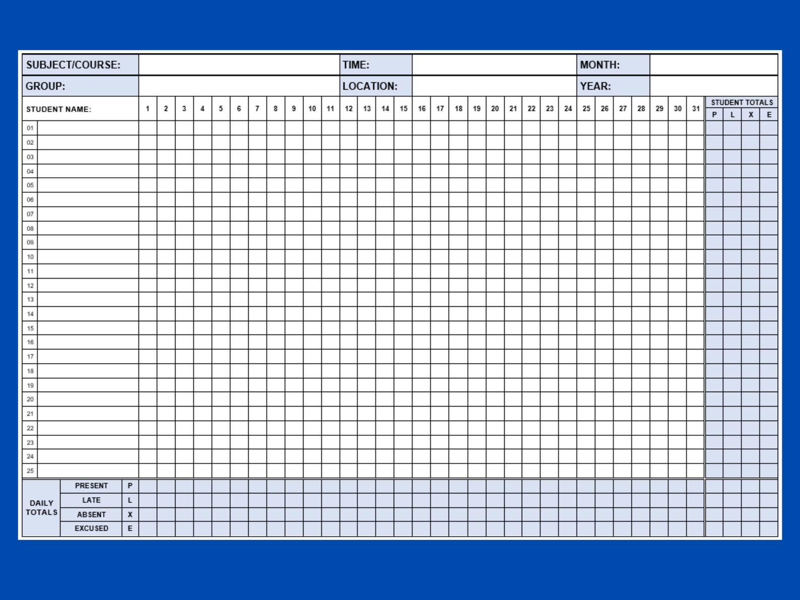 Editable Monthly Attendance Record | Register| Class Attendance ...