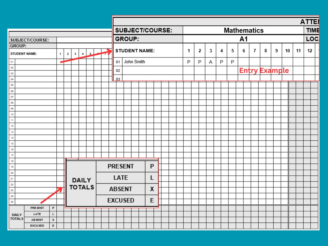 Editable Monthly Attendance Record | Register| Class Attendance ...