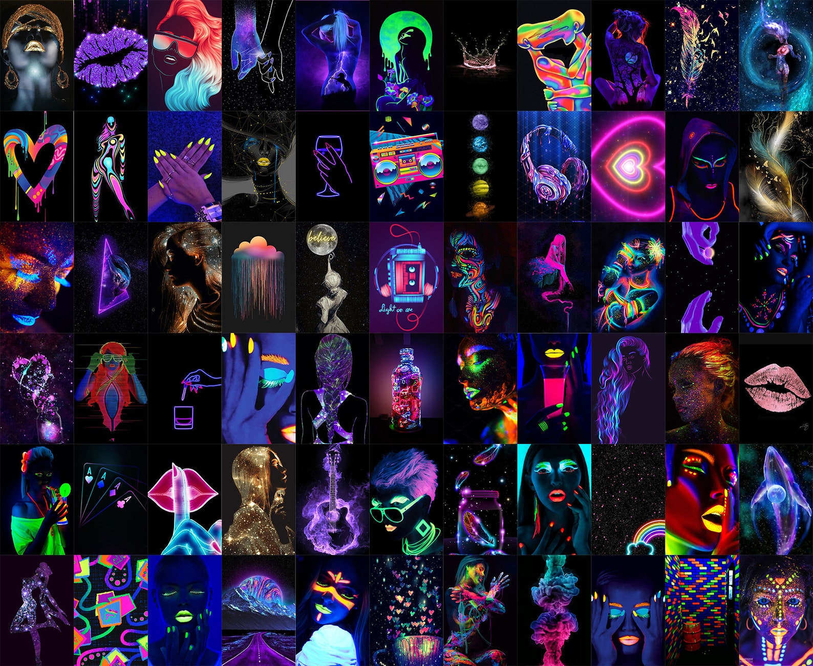 70 PCS Fluorescent Wall Collage Kit , Fluorescent Trendy Wall Collage ...