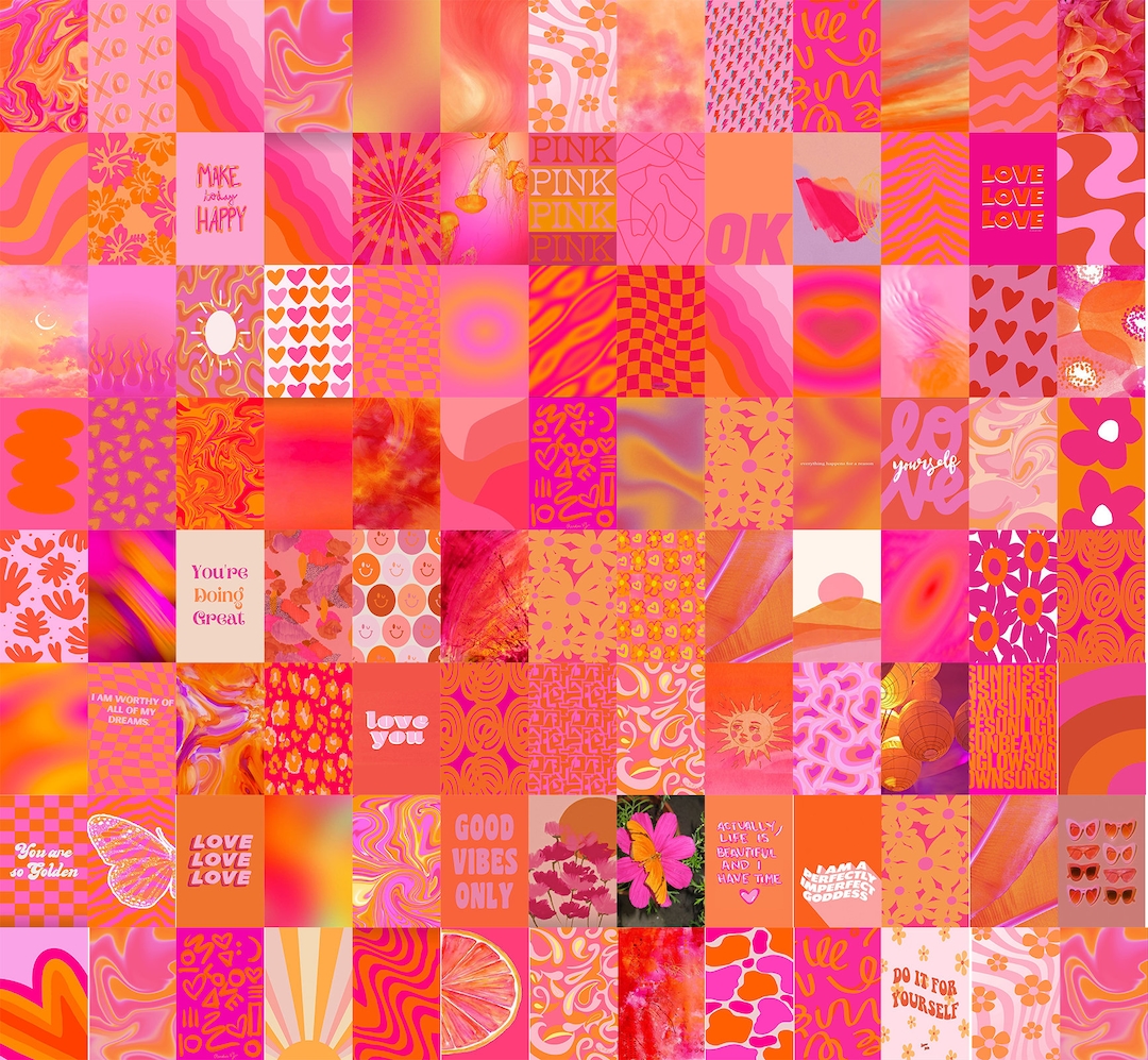 100 PCS Pink and Orange Poster Prints Pink Wall Collage Pink Orange ...