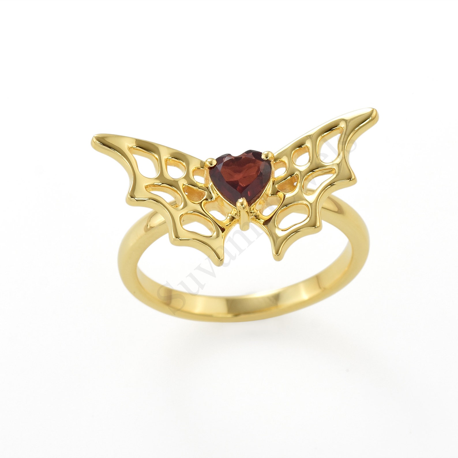 Sterling Silver Bat Ring: Gothic Garnet Heart Stackable Band - Etsy