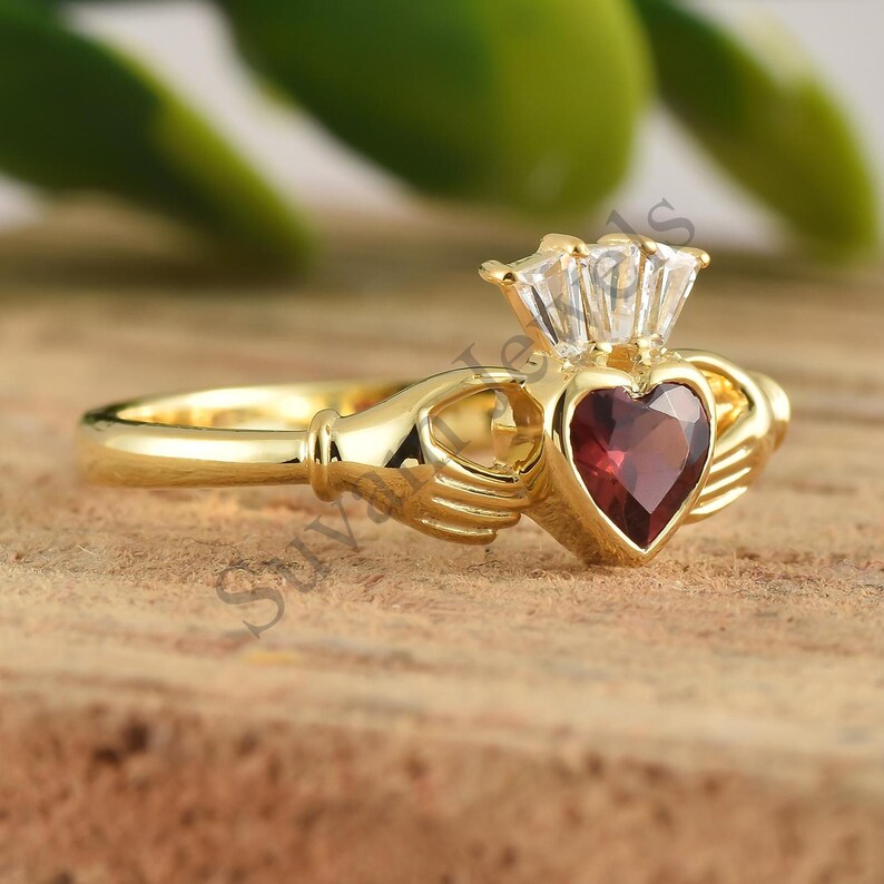 Garnet Heart Claddagh Ring: Sterling Silver Promise Ring - Etsy