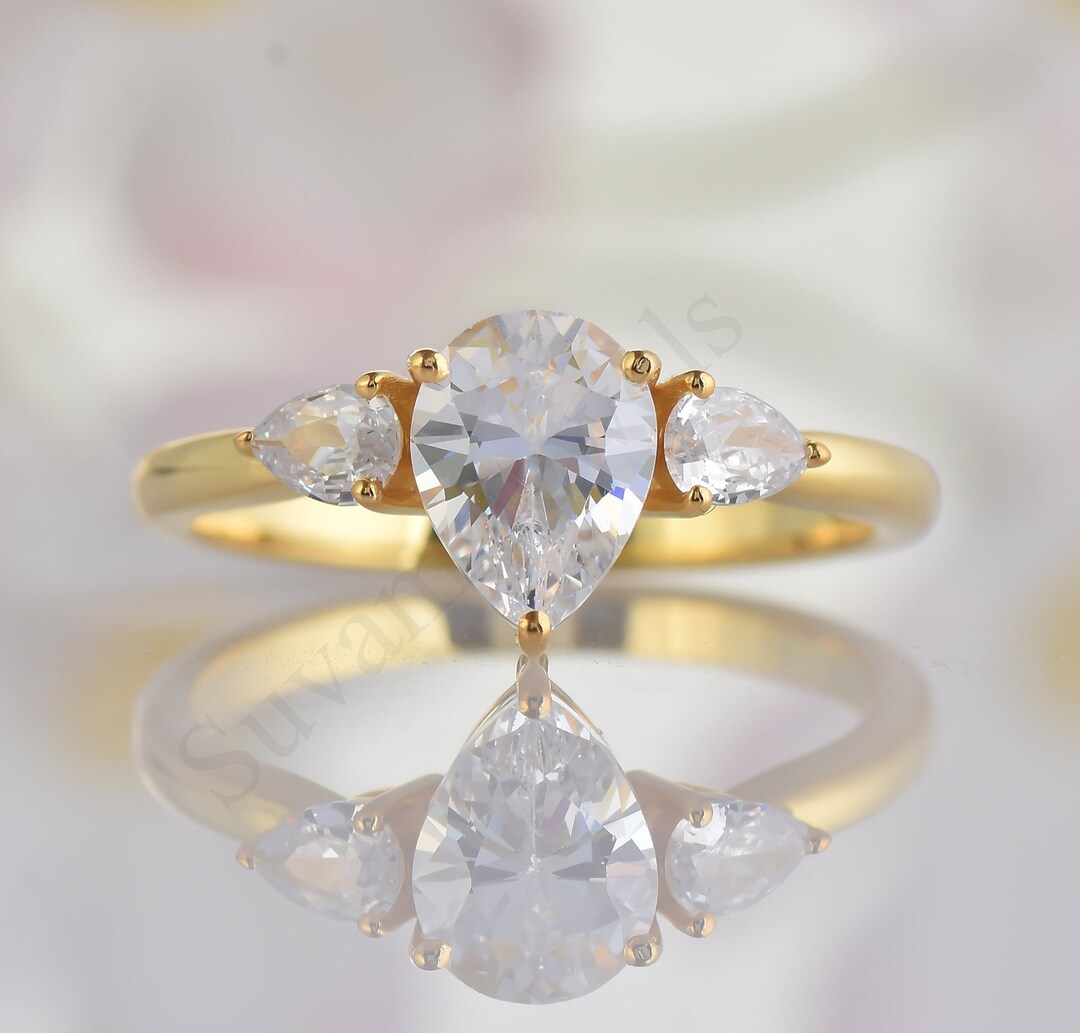 Pear Shaped Engagement Ring, Solid Gold Diamond Ring, Promise Silver ...