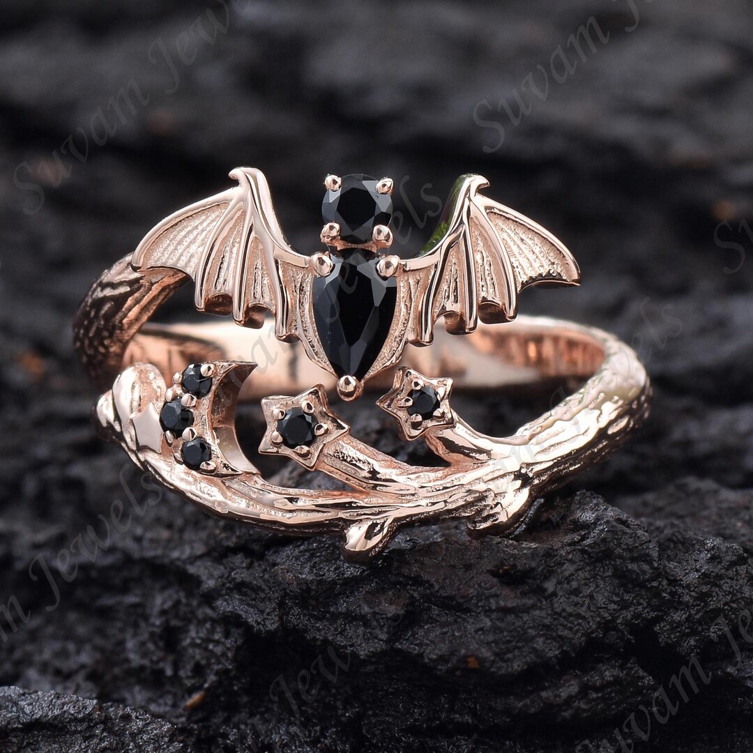 Sterling Silver Bat Ring: Black Onyx Moon Star Gothic Jewelry - Etsy