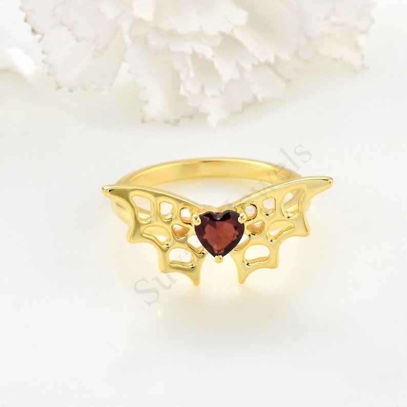 Sterling Silver Bat Ring: Gothic Garnet Heart Stackable Band - Etsy