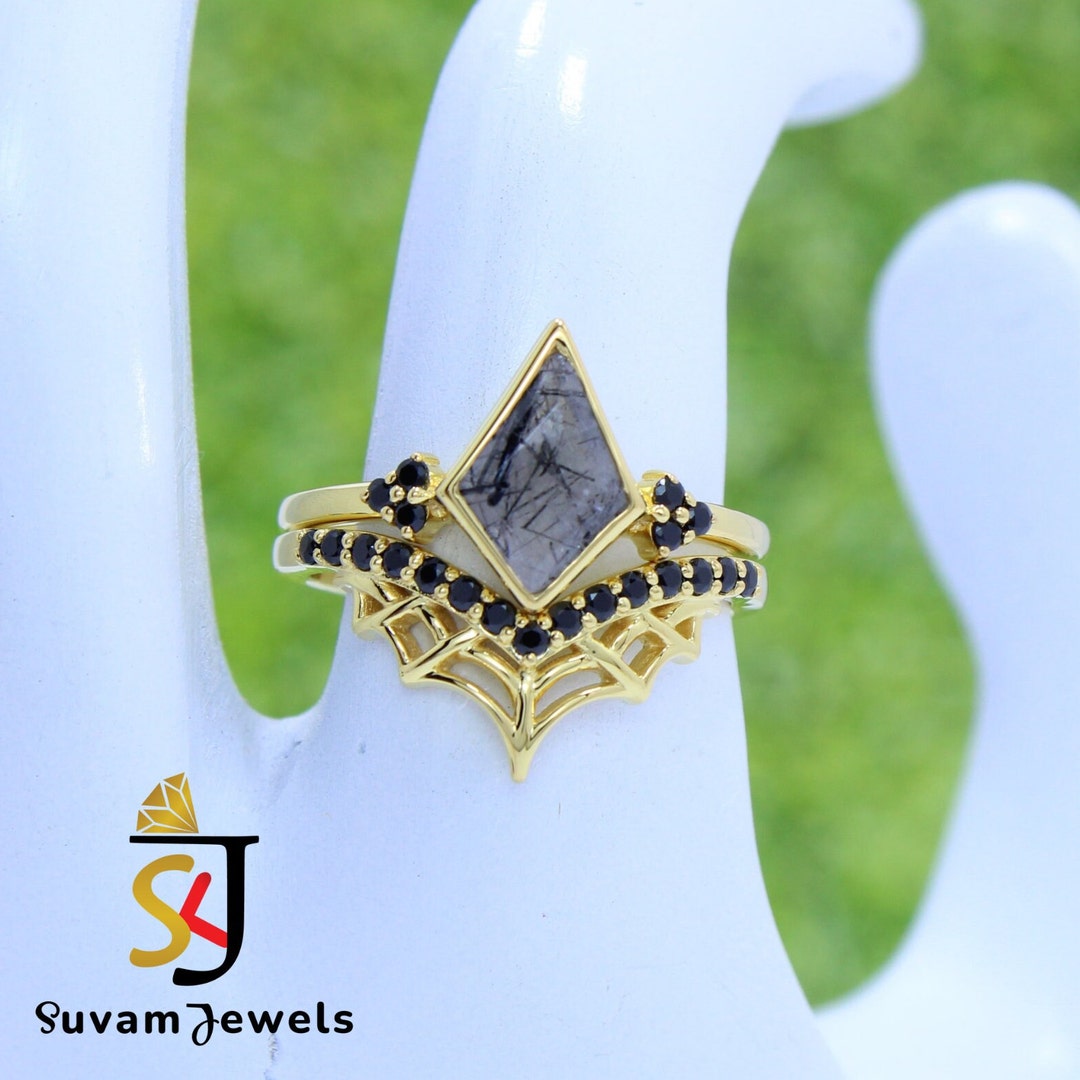 Natural Black Rutile Kite Shape Spider Web Ring Set Bridal - Etsy