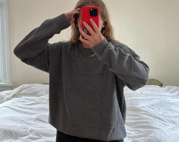 Vintage Gray Knit Sweater, Oversized Gray Window Pane Sweater, Vintage ...
