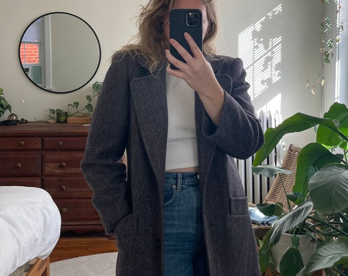 Vintage Herringbone Short Coat, Grey Coat, Grey Herringbone Jacket ...