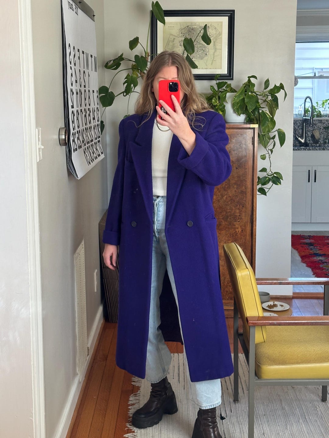 Vintage Purple Wool Coat: Full Length Overcoat, Exaggerated Collar - Etsy