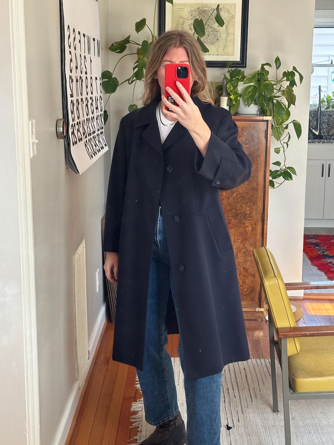 Vintage Navy Blue Wool Trench Coat, Oversized Trench, Straight Classic ...