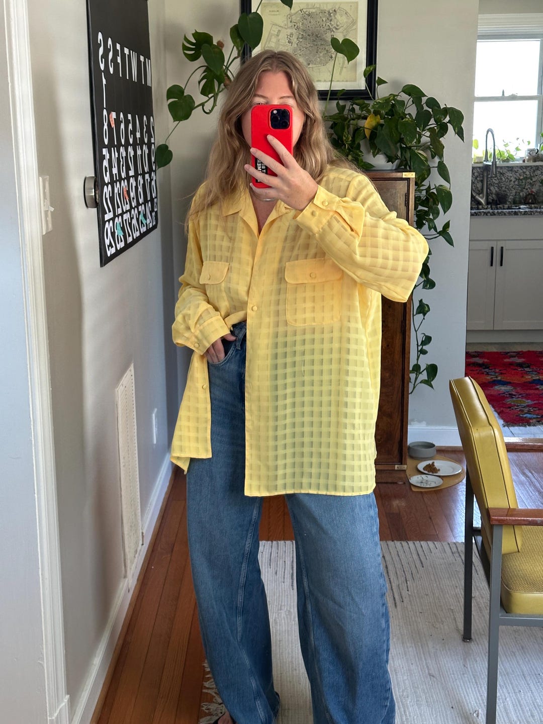 Vintage 80s Yellow Slinky Plaid Blouse: Oversized Long Sleeve Button ...
