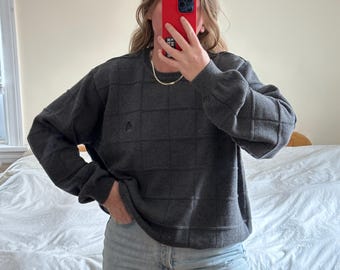 Vintage Gray Knit Sweater, Oversized Gray Window Pane Sweater, Vintage ...