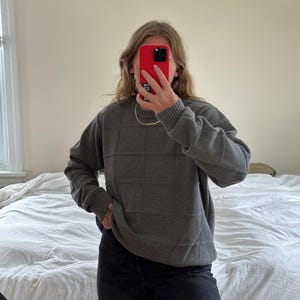 Vintage Gray Knit Sweater, Oversized Gray Window Pane Sweater, Vintage ...