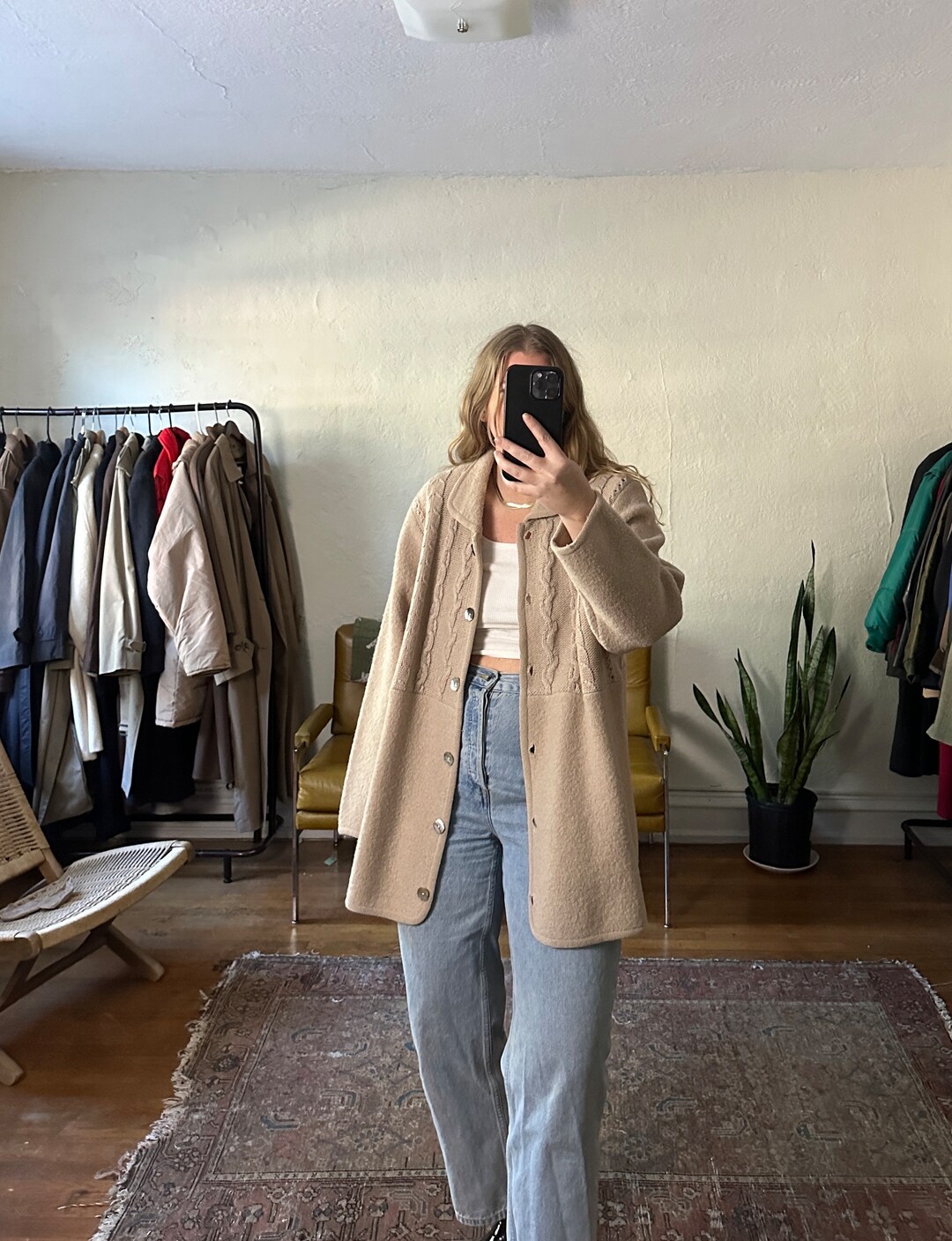 Vintage Oversized Tan Cardigan, 90s, Oversized Cableknit Cardigan, Tan ...