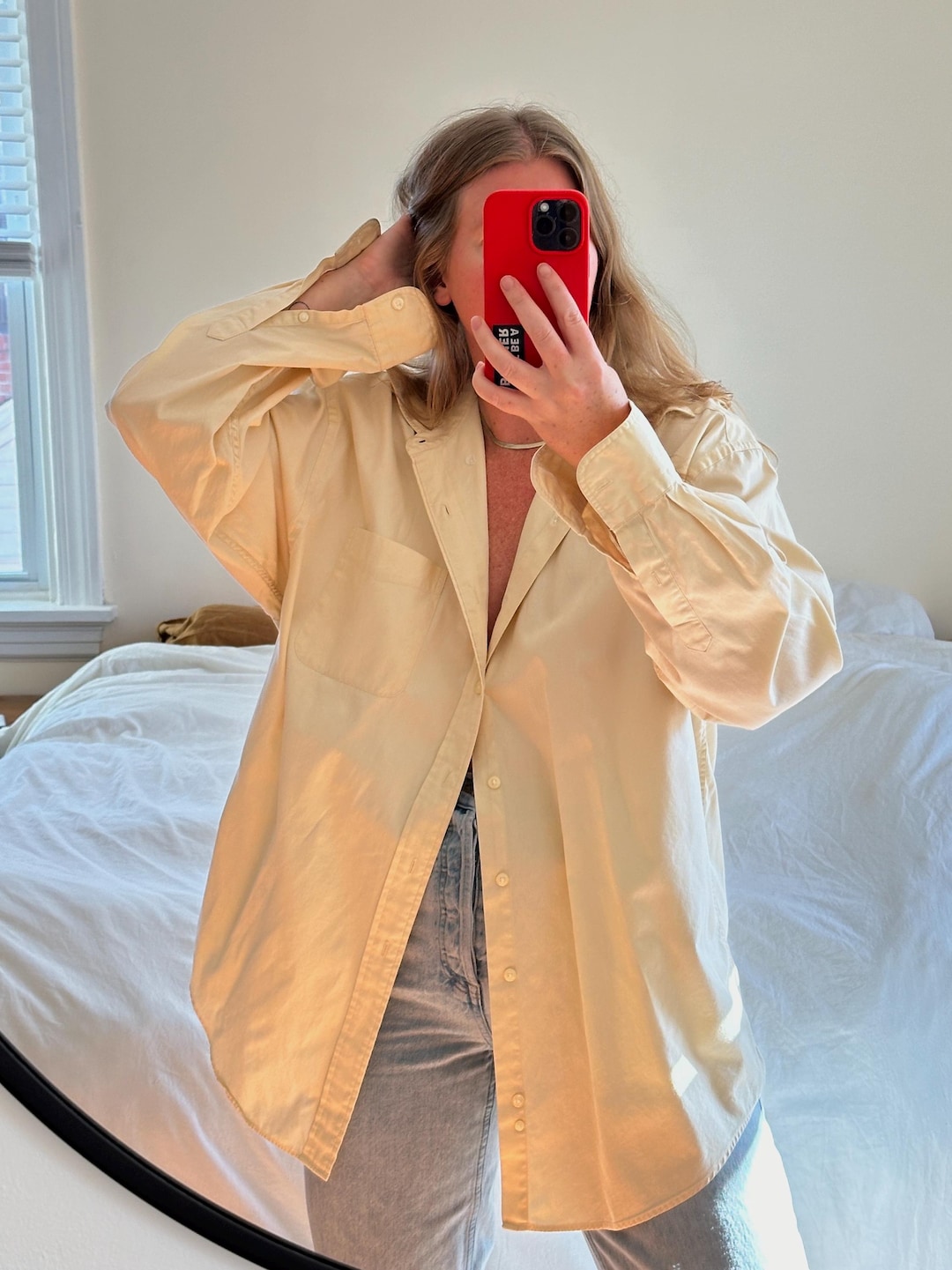 Vintage Oversized Pale Yellow Button Down, Light Yellow Striped Shirt ...