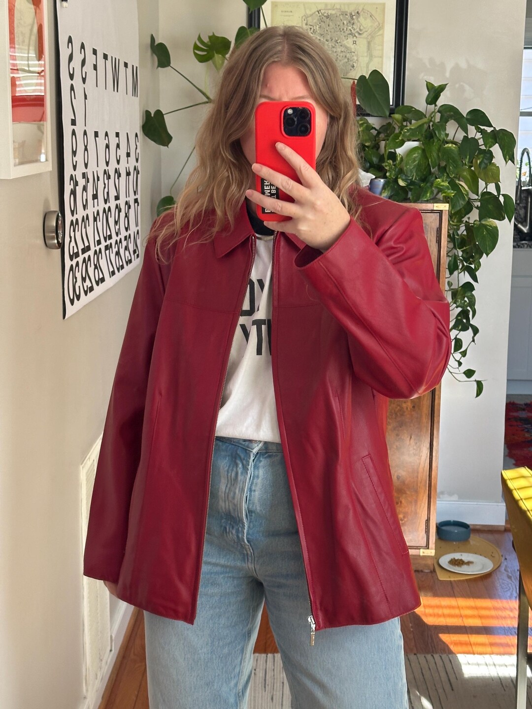 Vintage Red Leather Jacket: Oversized Straight Fit - Etsy