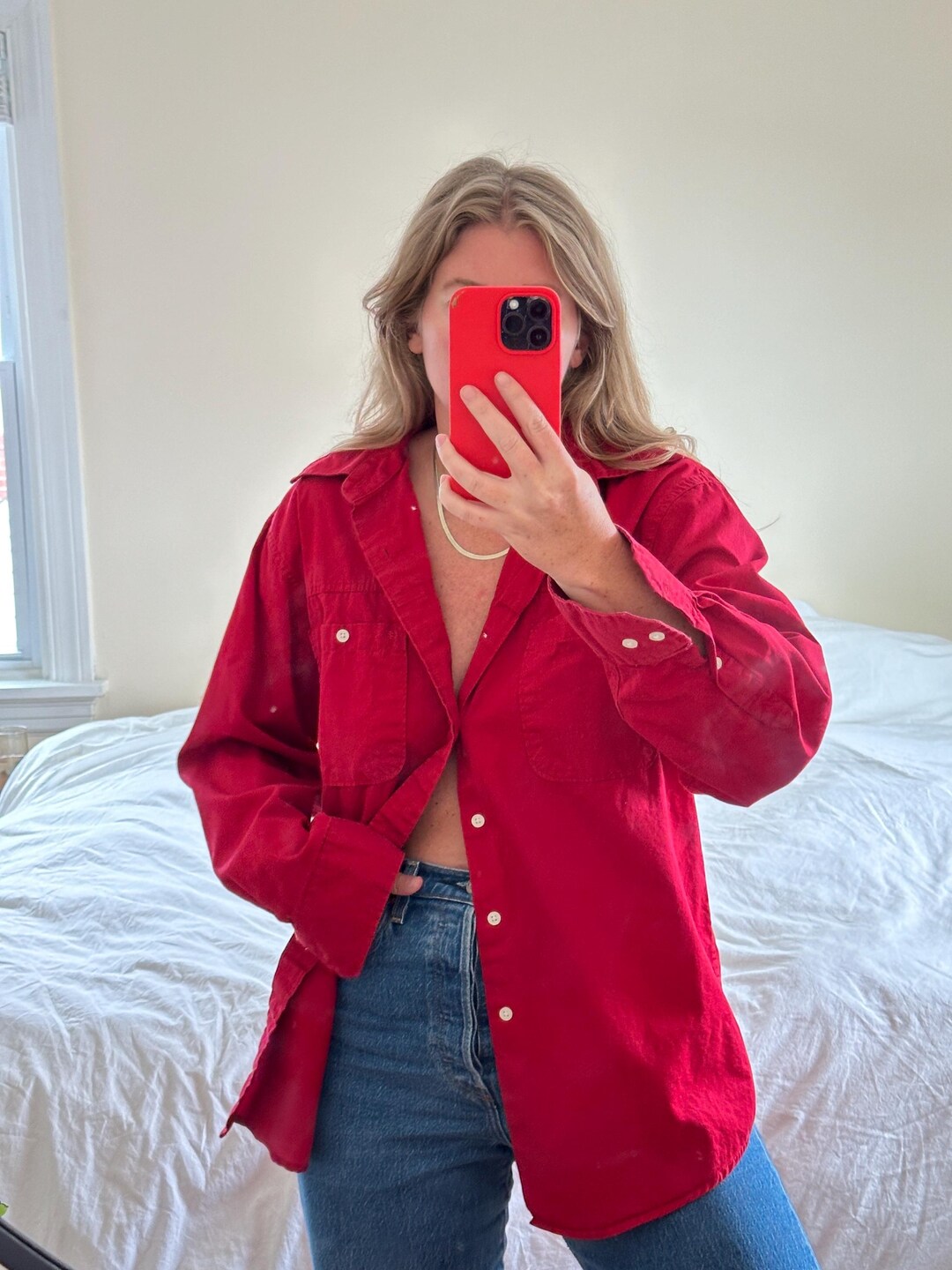 Vintage Oversized Red Button Down, Vintage Button Down, Bright Red ...