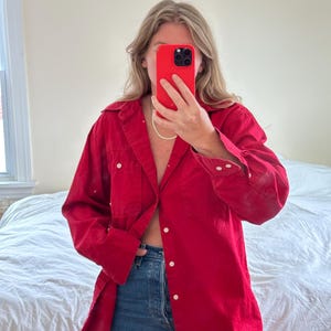 Vintage Oversized Red Button Down, Vintage Button Down, Bright Red ...