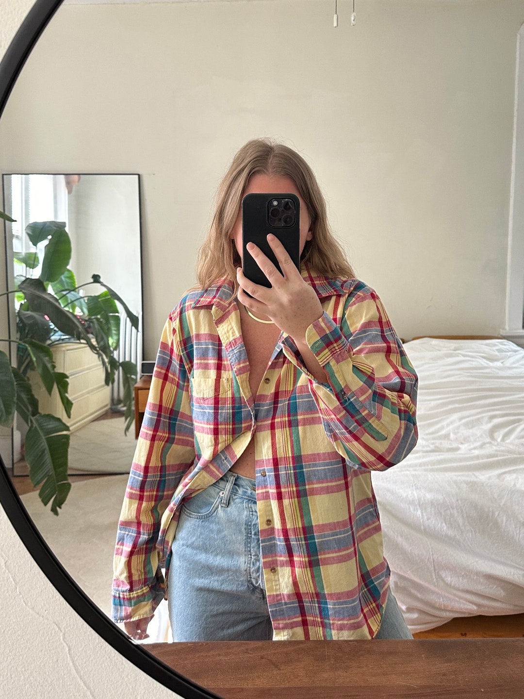 Vintage Colorful Plaid Button Down, Oversized Yellow Plaid Shirt ...