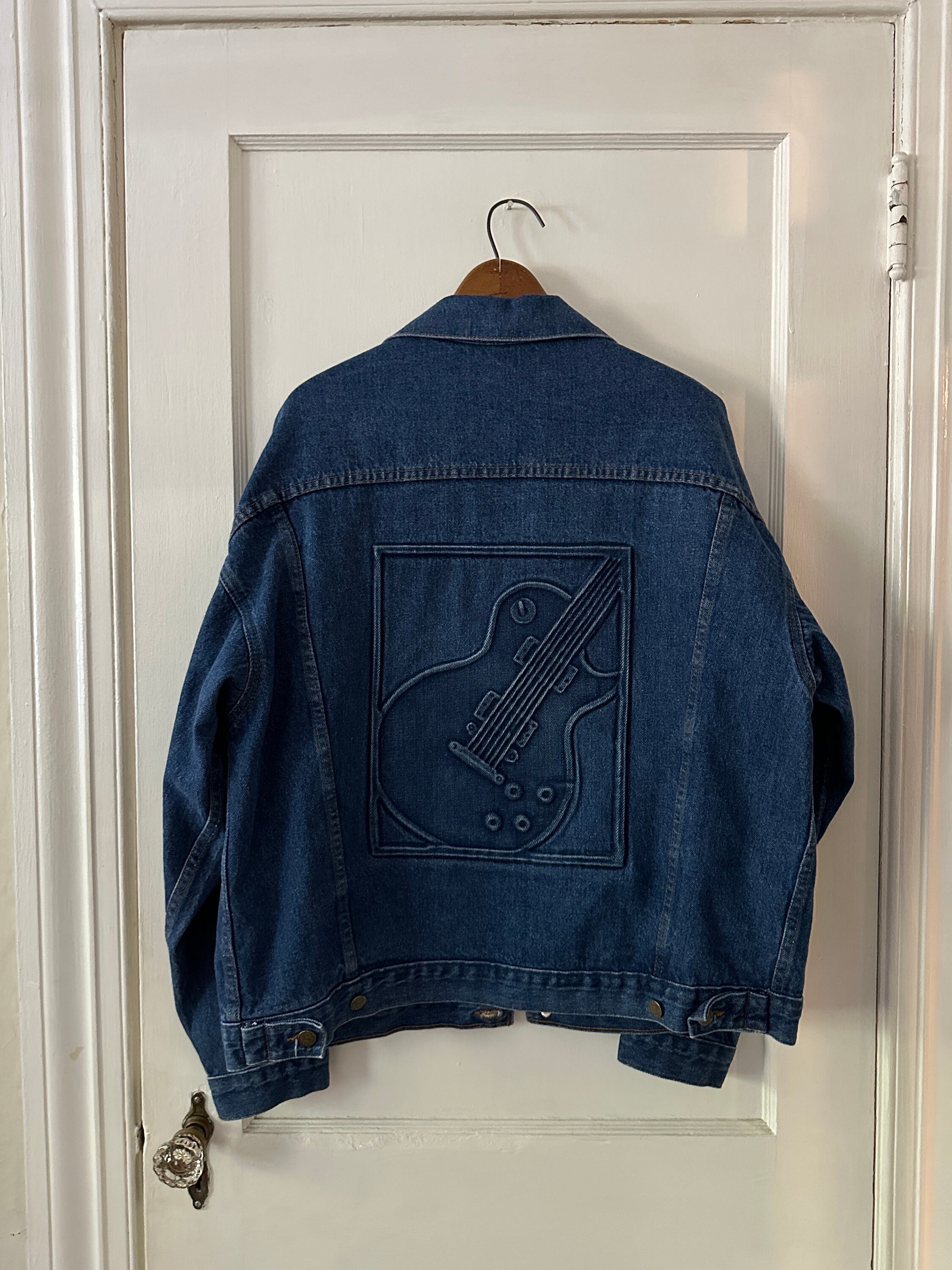 Vintage Denim Jacket With Guitar Design, Oversized Jean Jacket, Blue ...