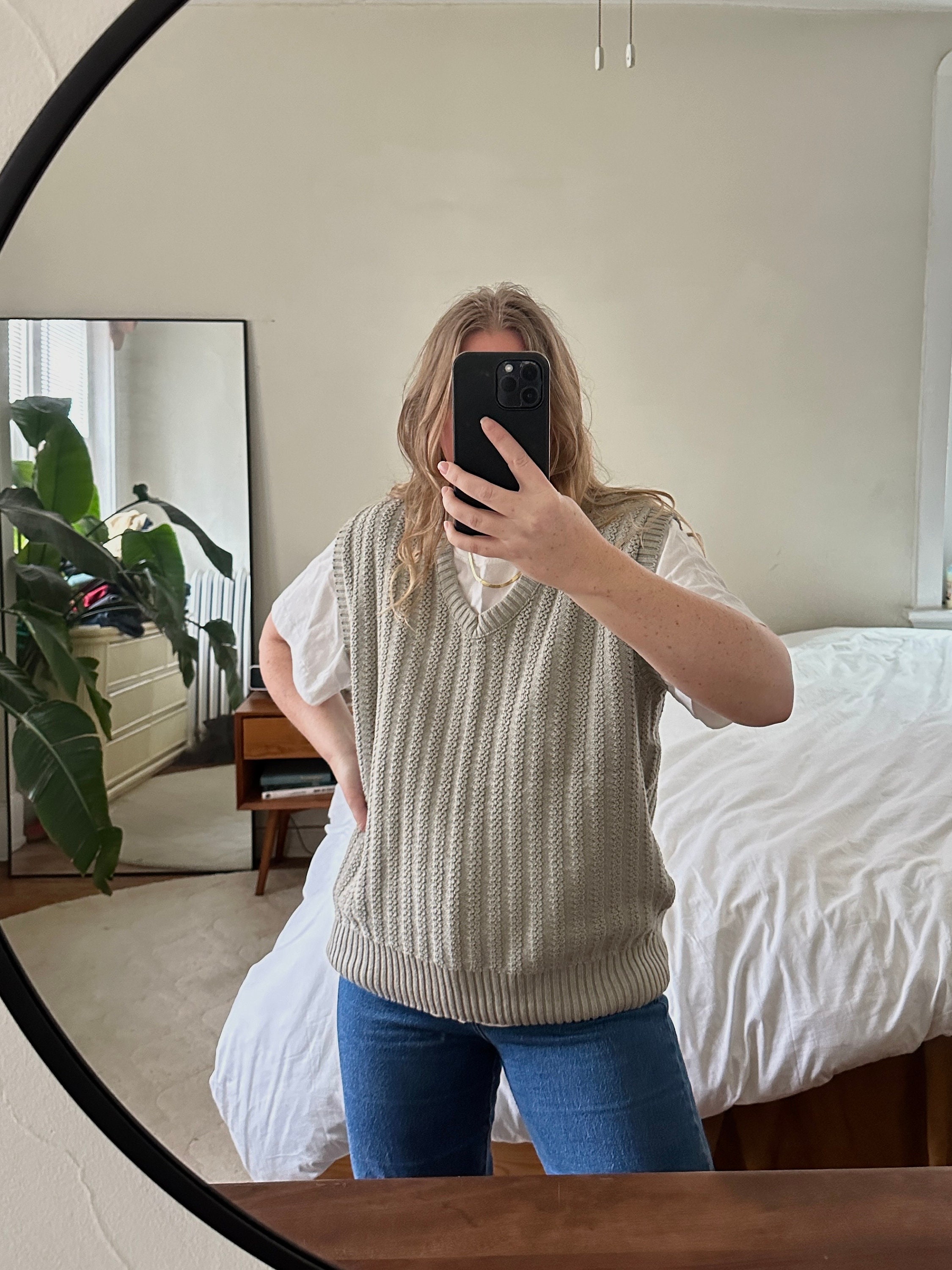 Vintage Greige Sweater Vest, Beige Knit Vest, Oversized Vest, Gray Knit ...