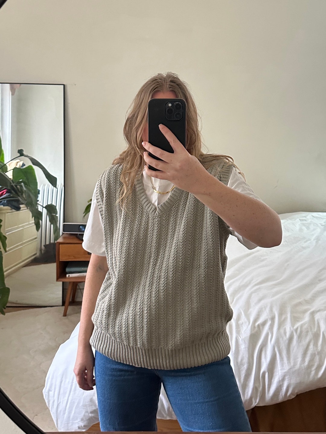 Vintage Greige Sweater Vest, Beige Knit Vest, Oversized Vest, Gray Knit ...