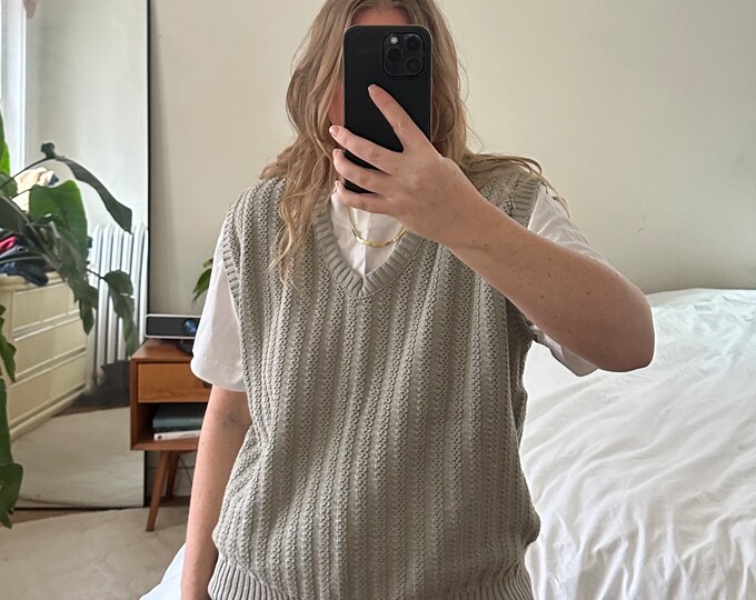 Vintage Greige Sweater Vest, Beige Knit Vest, Oversized Vest, Gray Knit ...