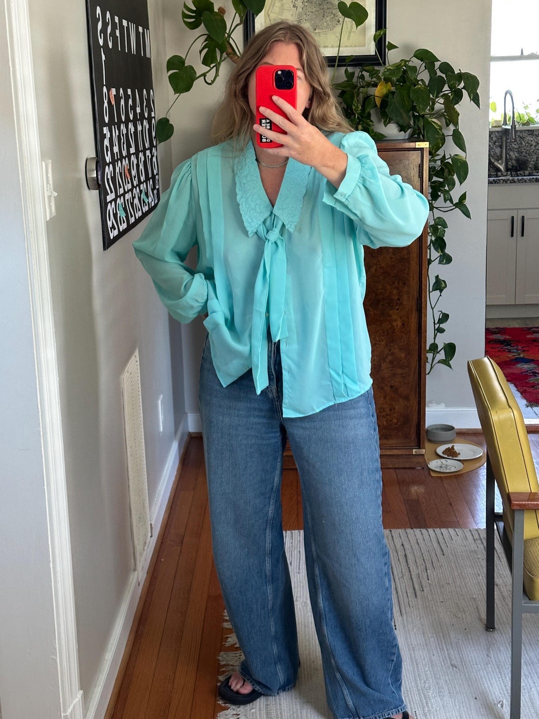 Vintage 80s Teal Button up Blouse With Gorgeous Collar, Silky Teal ...