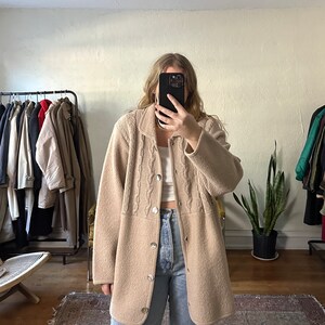 Vintage Oversized Tan Cardigan, 90s, Oversized Cableknit Cardigan, Tan ...