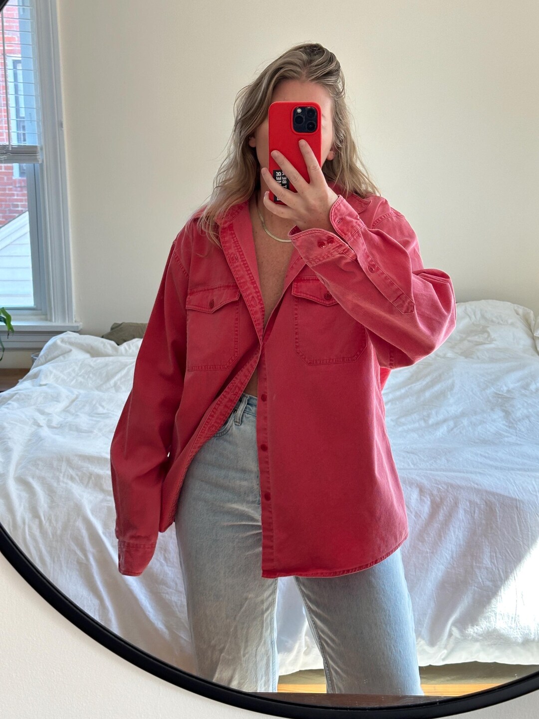 Vintage Pink Button Down, Oversized Orange / Pink Shirt, Dark Pink ...