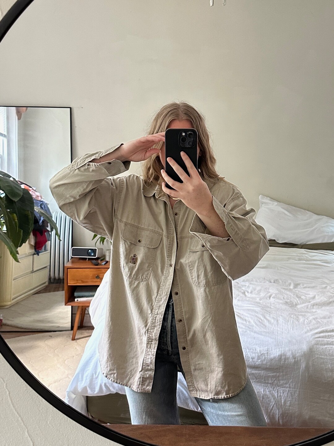 Vintage Tan Button Down With Pockets, Tan Camp Shirt, Oversized Tan ...