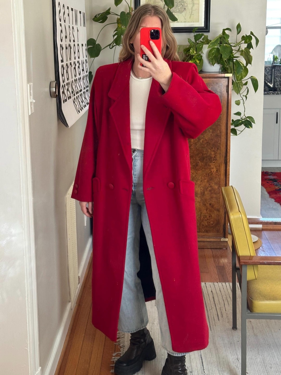 Vintage Red Wool Coat, Oversized 80s Red Wool Coat, Red Overcoat, Women ...