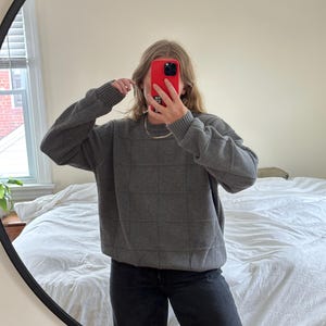 Vintage Gray Knit Sweater, Oversized Gray Window Pane Sweater, Vintage ...