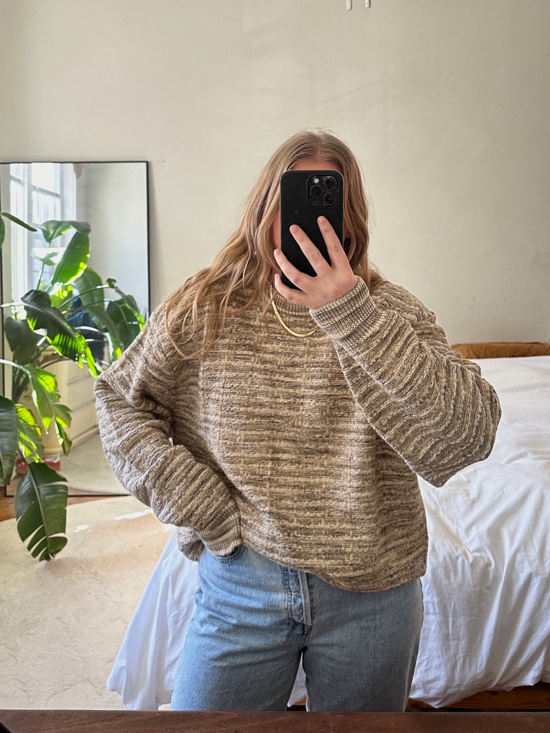 Vintage Neutral Patterned Sweater, Tan Sweater, Oversized Beige Sweater ...