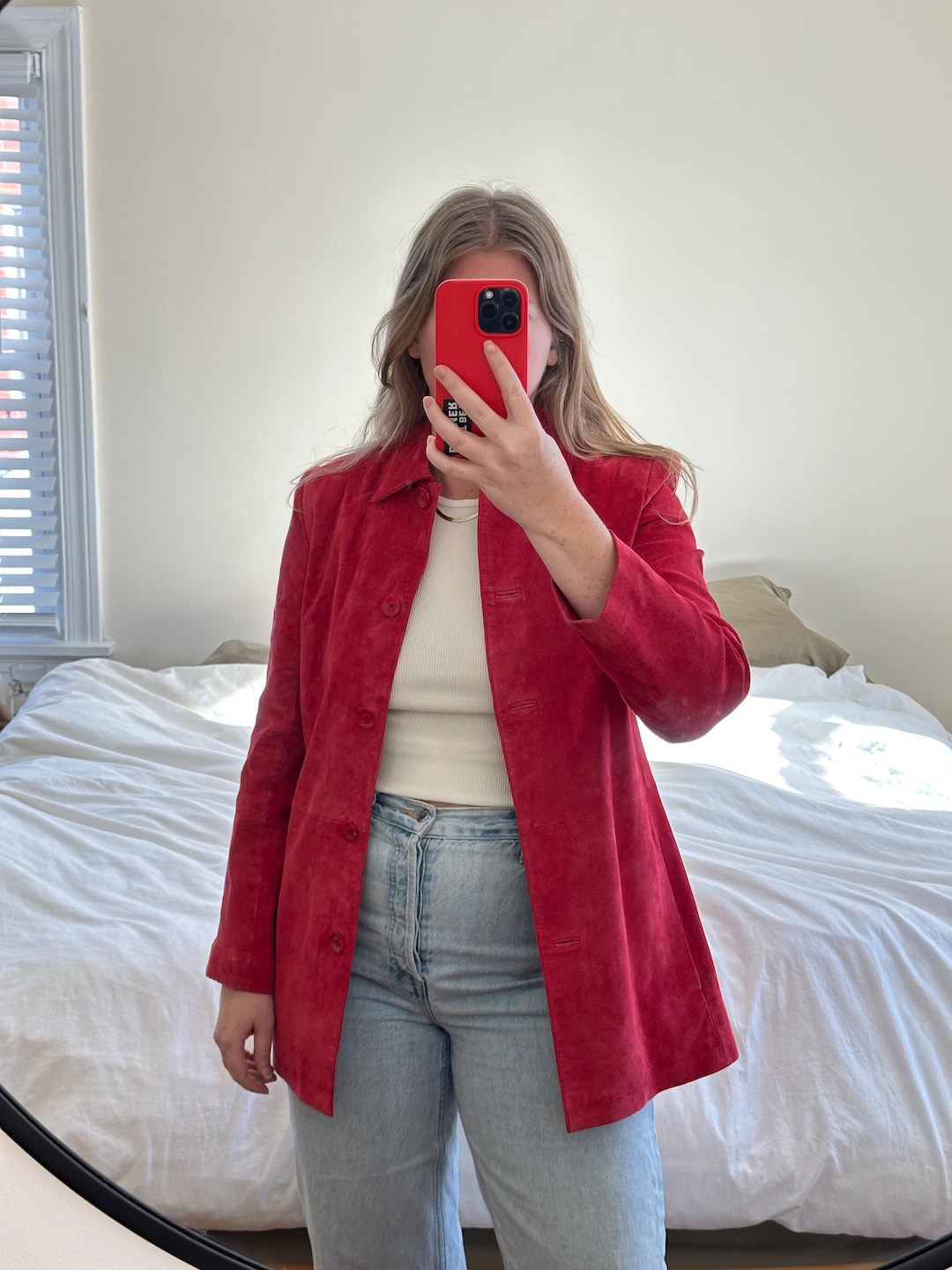 Vintage Red Suede Coat, Faded Red Suede Jacket, Straight Suede Jacket ...