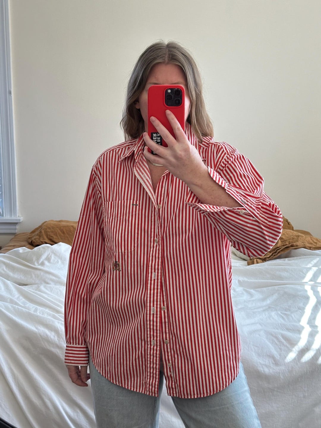 Vintage Oversized Red Striped Button Down, Oversized Red and White ...