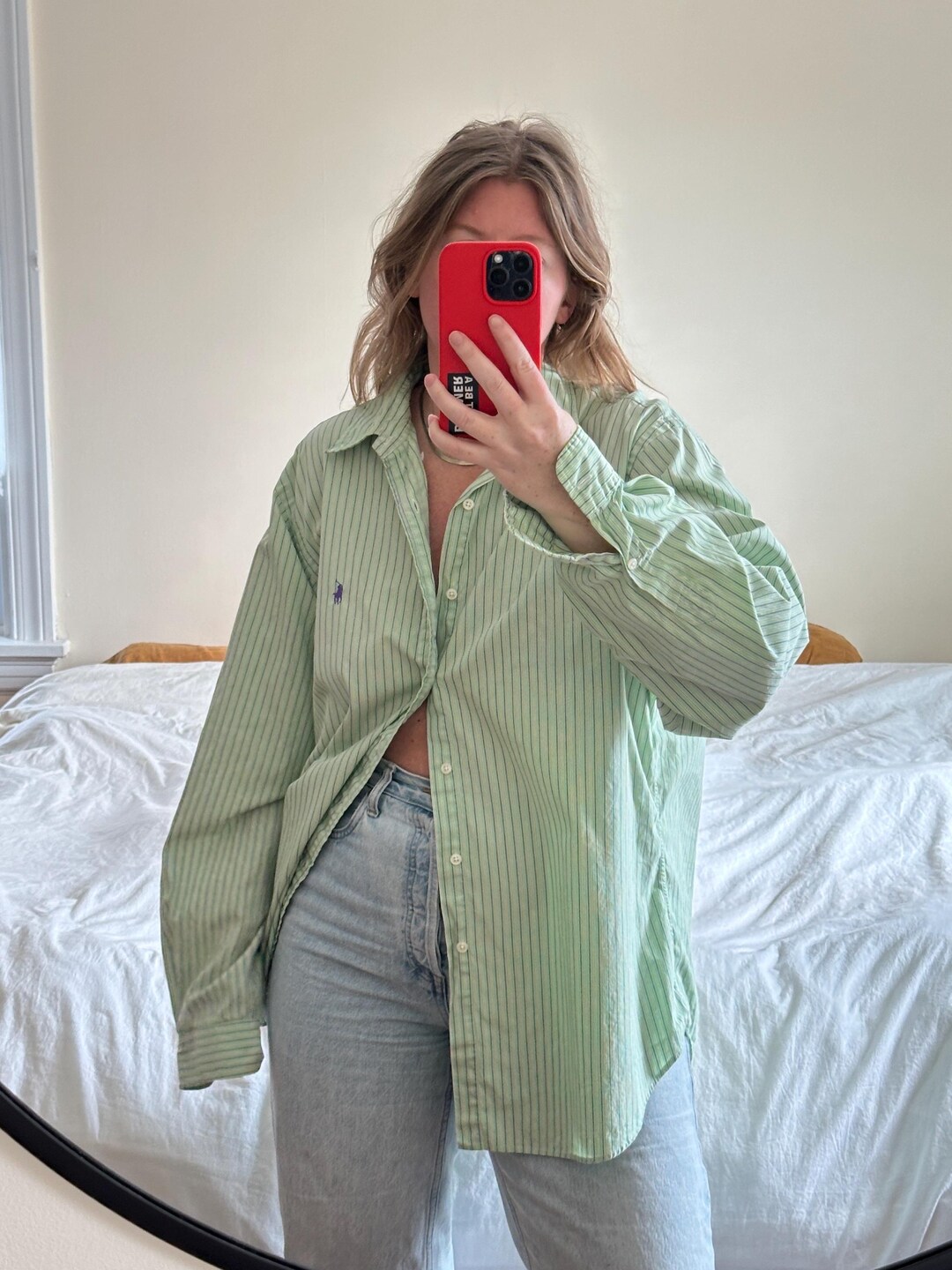 Ralph Lauren Green Striped Button Down, Oversized Striped Shirt ...