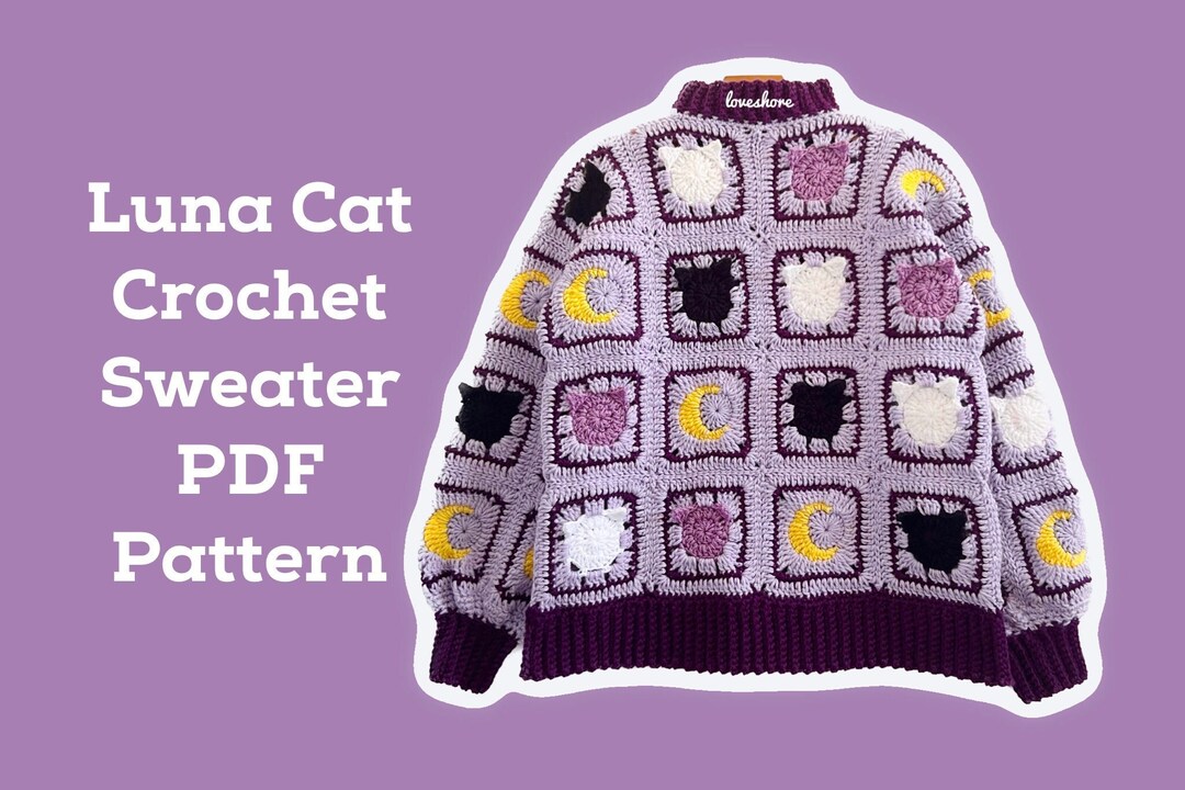 Luna cat & Moon Granny Square Crochet Cardigan PDF Pattern DIGITAL ...