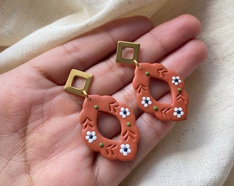 Sunflower Clay Dangles, Mexican Fiesta Jewelry, Floral Clay Earrings, Embroidery Polymer Clay ...