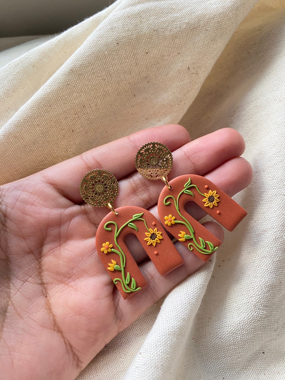Sunflower Clay Dangles, Mexican Fiesta Jewelry, Floral Clay Earrings, Embroidery Polymer Clay ...