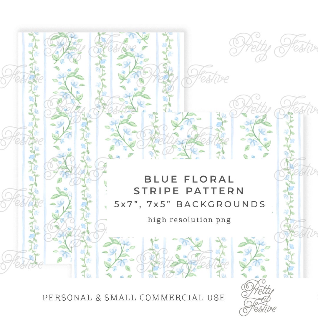 Blue Floral Watercolor Stripe 5x7", Climbing Vine Design, Printable ...
