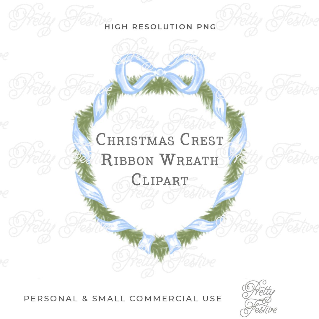 Blue Christmas Crest Clipart With Ribbon and Bow, Greenery Crest Design ...
