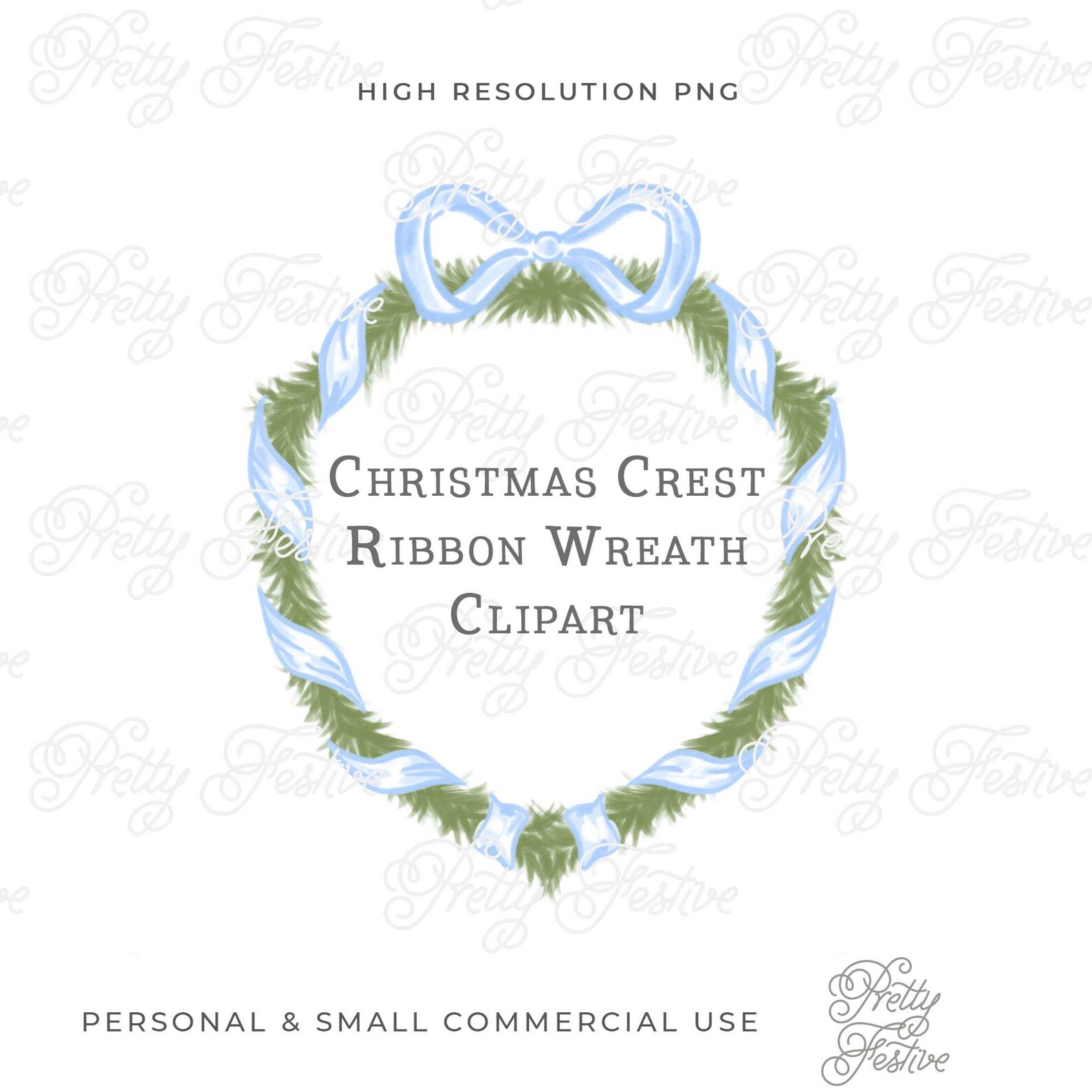 Blue Christmas Crest Clipart With Ribbon and Bow, Greenery Crest Design ...