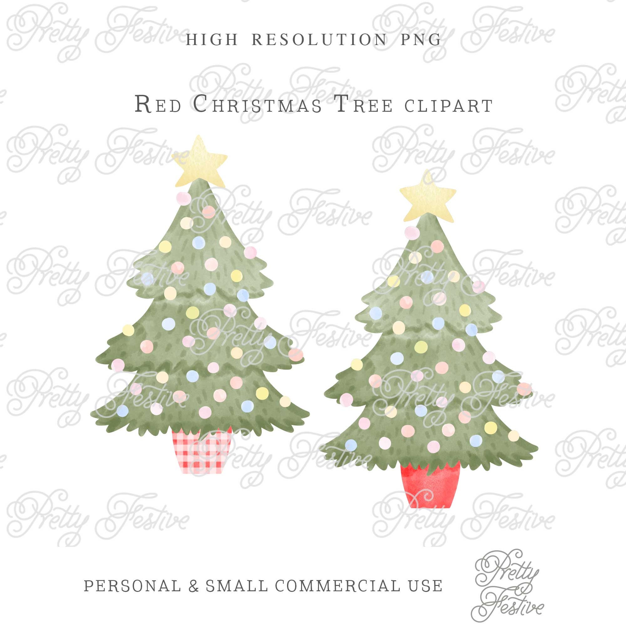 2 Red Preppy Christmas Tree Clipart Graphics, Red Chinoiserie Christmas ...