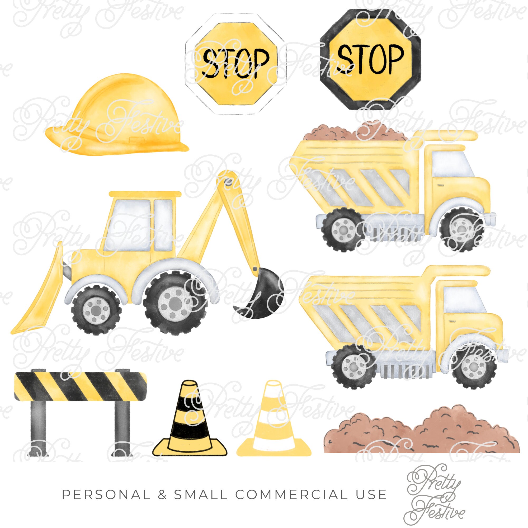Watercolor Construction Vehicles Preppy Clipart, Cute Digger Dump Truck ...