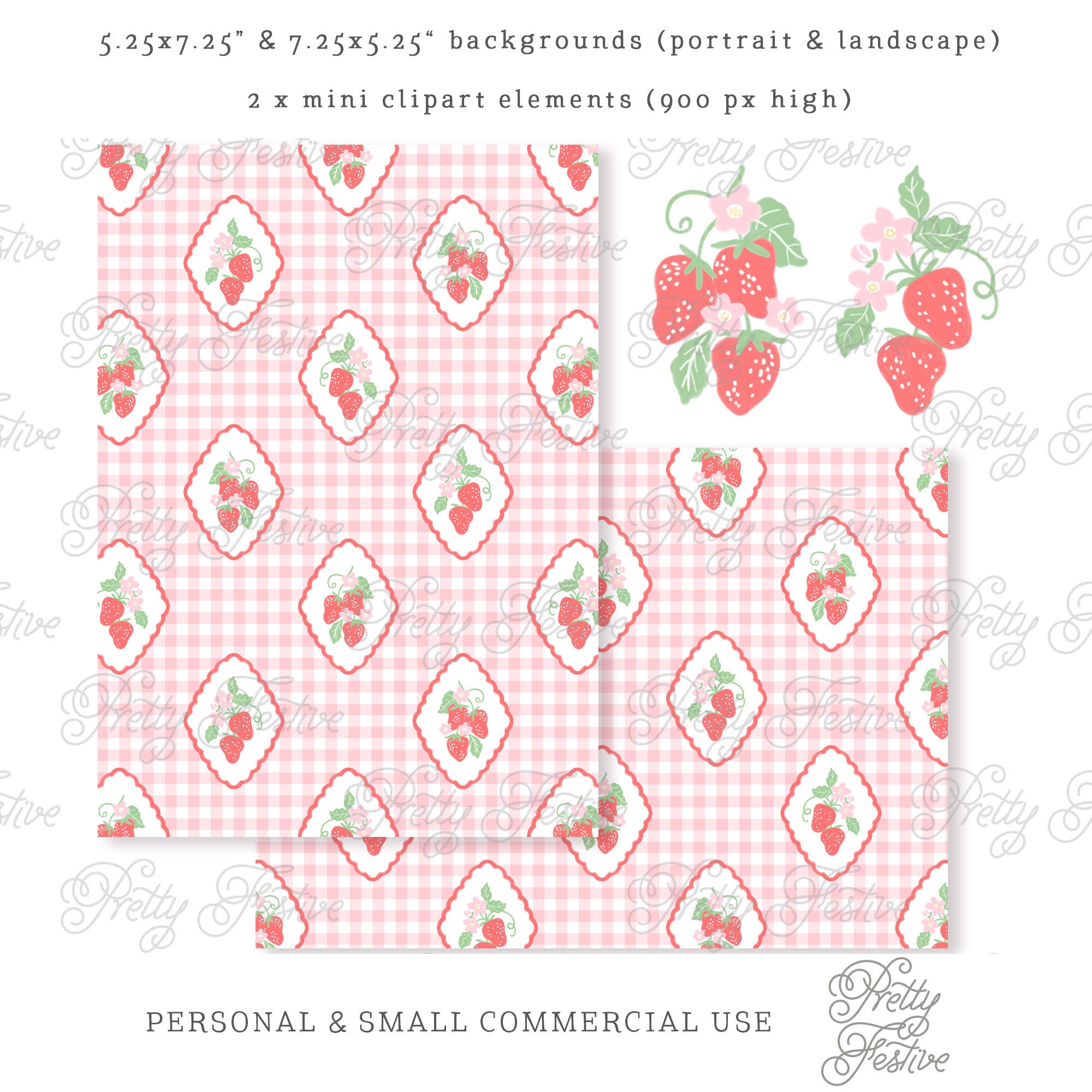 Strawberry Scallop Gingham Printable Background & Clipart Design Kit ...
